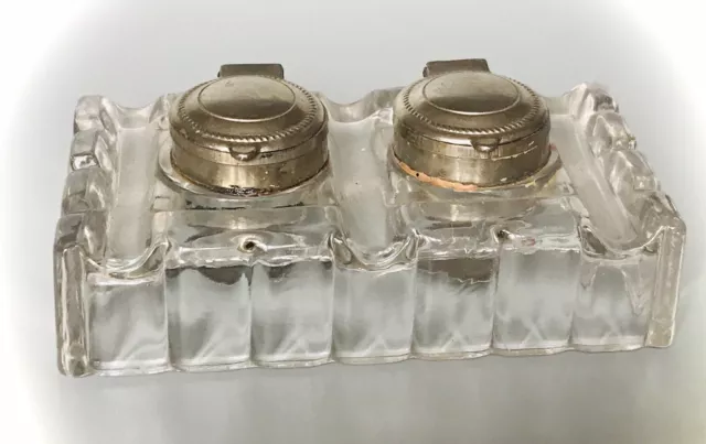 ENCRIER DOUBLE EN Verre Moulé Ancien Forme Rectangle Bouchon argenté ...