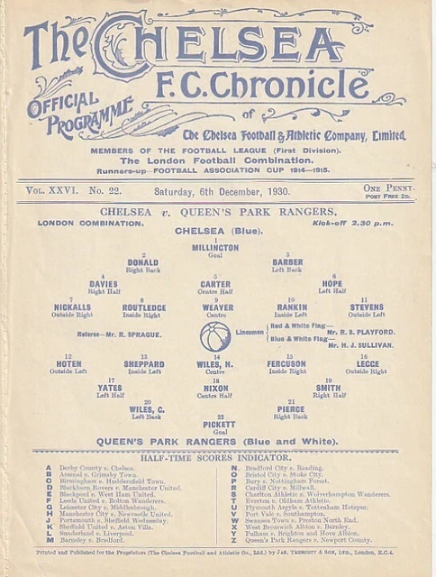 PROGRAMME - CHELSEA v QUEENS PARK RANGERS (QPR) 6 DECEMBER 1930 £42.31 ...