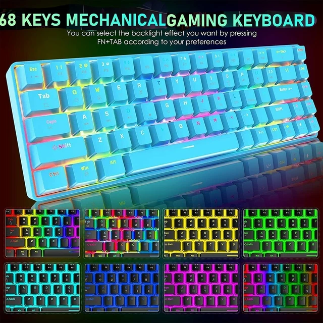 TRUE MECHANICAL RGB Backlit Gaming Keyboard Portable Compact 68-Key ...