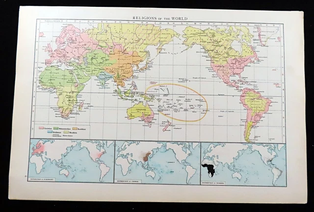 ANTIQUE MAP OF The World Ethnographic Chart Religion of the globe ...