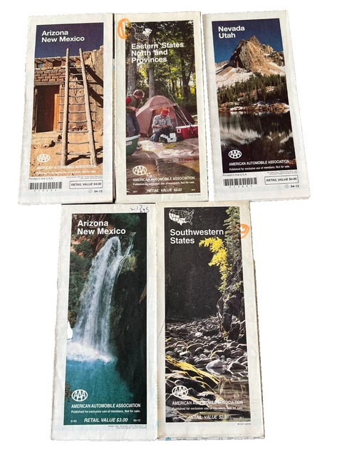 LOT OF 5 Vintage Folding Travel Road Maps AAA Various US States Regions ...