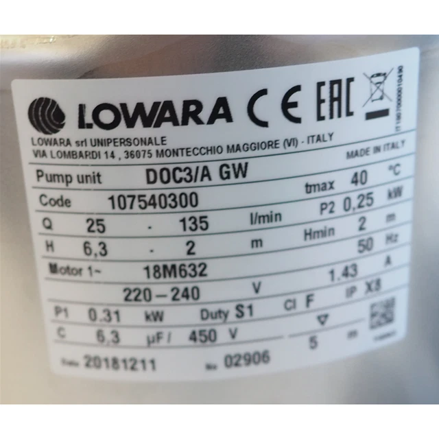 LOWARA SUBMERSIBLE SINGLE Phase Float Electric Pump 230V Doc3 / A Gw ...