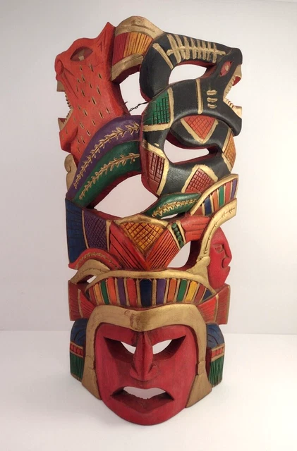 HAND CARVED WOODEN Aztec Wall Art Mask Mexico Mayan Jaguar Serpent ...