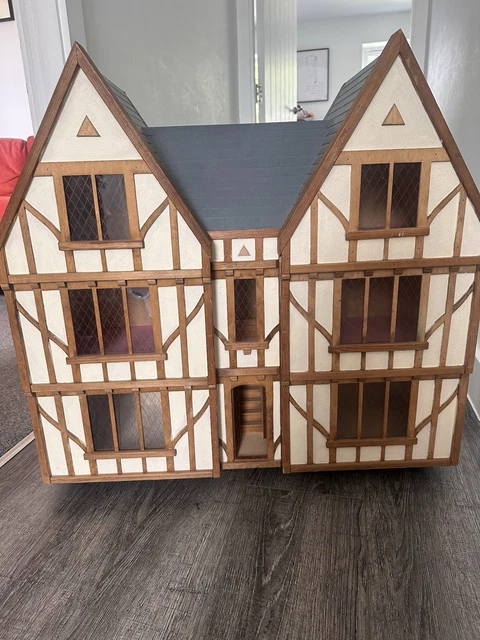 TUDOR STYLE WOODEN Doll's House 1:12 Opening Front, Stairs, 4 Rooms, 2 ...