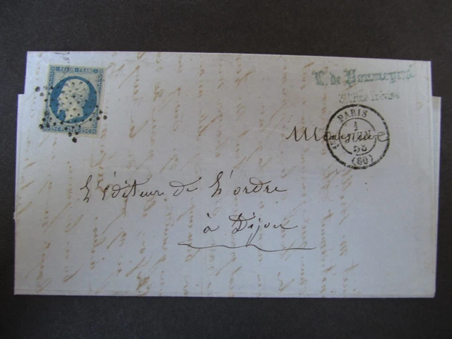 FRANCIA YV. N. 10, 1852, lettera obliterazione stella Parigi *DEL2026 ...