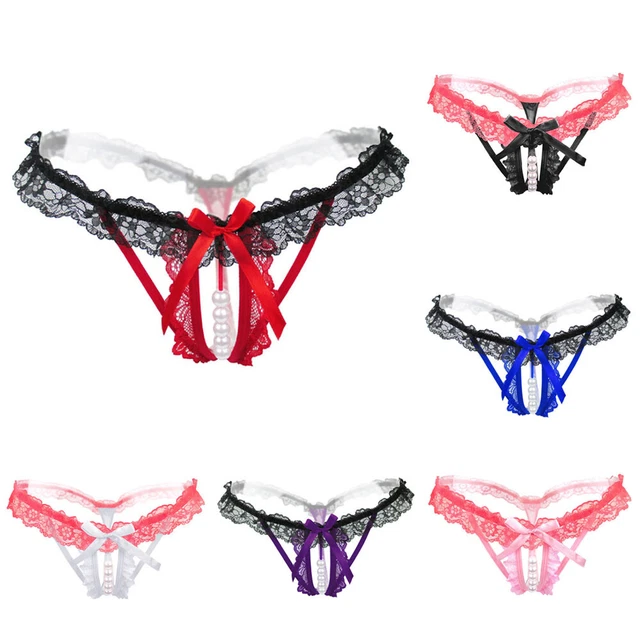 Sexy Thongs Panties Open Crotch Pearl Lace G String Crotchless