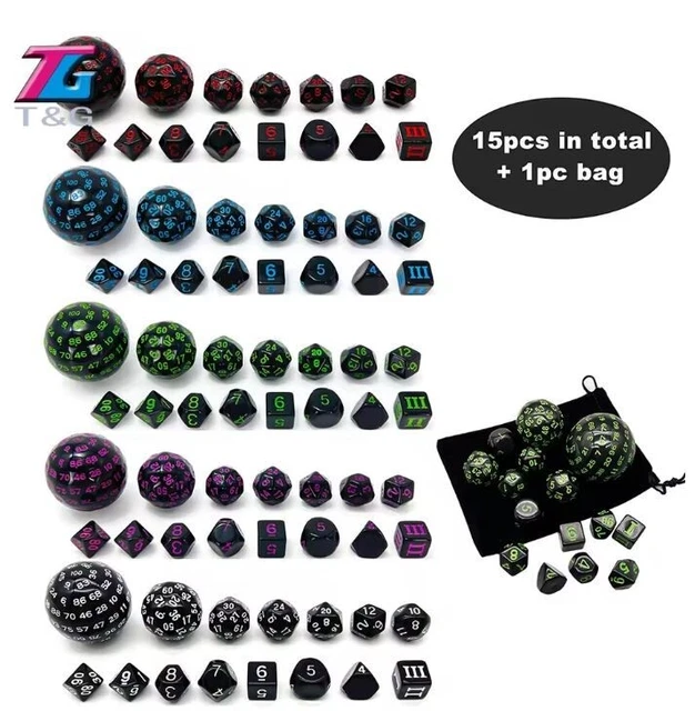 15 PIECES COMPLETE Polyhedral DND Dice Set D3-D100 Spherical RPG Dice ...