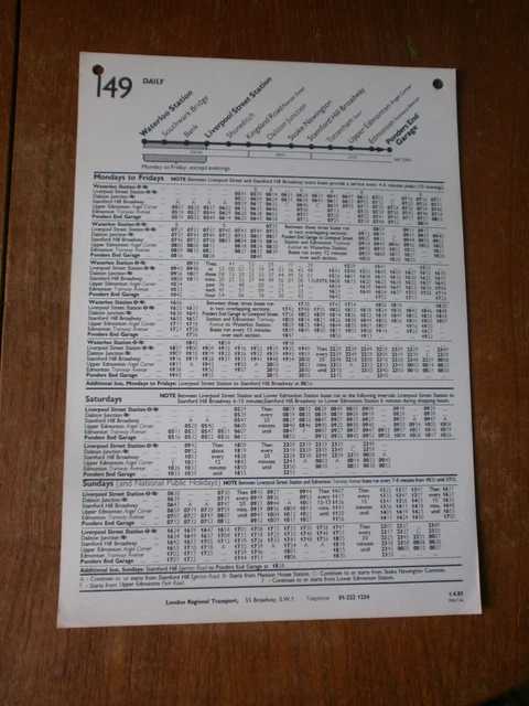 LONDON TRANSPORT BUS Stop Timetable Panel-Route 149, 1985 £1.50 ...