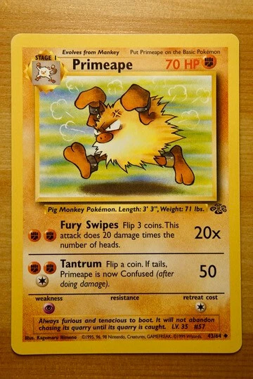 PRIMEAPE - JUNGLE Set Stage 1 Pokémon Card 43/64 - 70 HP - Fury Swipes ...
