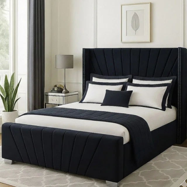 SUNRISE WINGED PANEL Bed Frame Plush Velvet Upholstered Gas Lift ...