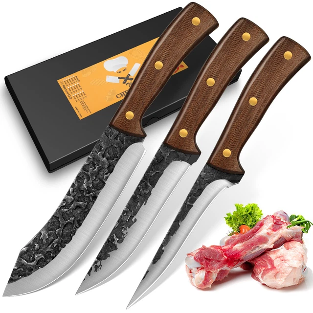 3PCS HAND FORGED Butcher Kinfe Boning Knives set Meat Cleaver Kitchen ...