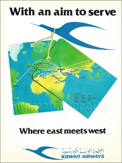 1974 KUWAIT AIRWAYS Route Map ad airlines advert Boeing 707-320C GULF ...