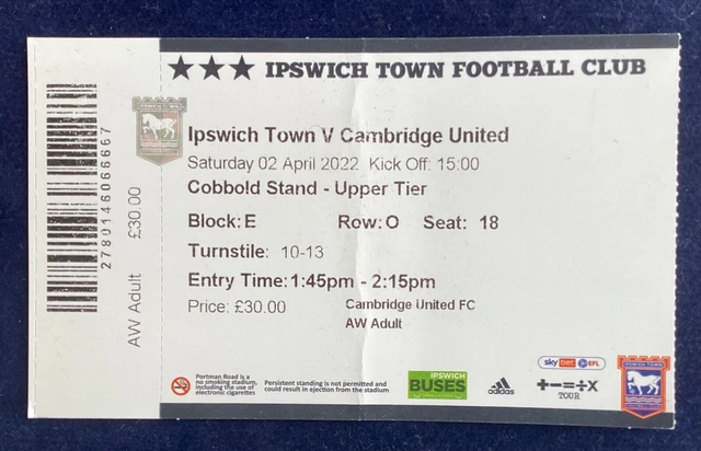 IPSWICH TOWN V Cambridge United Football Ticket English League One 2 ...