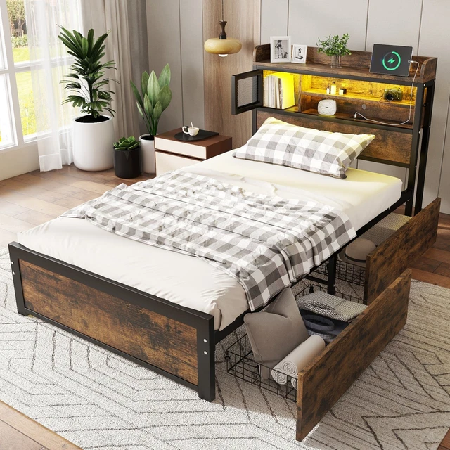 3FT DOUBLE BED Frame Metal Slatted Bed Platform with Headboard ...