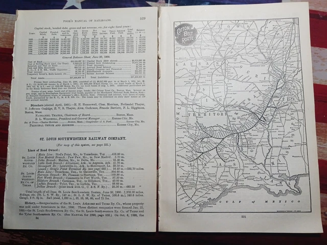1901 TRAIN ROUTE Map + Report ST LOUIS SOUTHWESTERN RAILWAY Texarkana ...