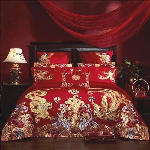 Top Chinese Dragon Phoenix Embroidery Red Bed Sheet Luxury Wedding