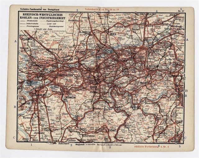1930 ORIGINAL VINTAGE Map Of Ruhr Ruhrgebiet Essen Duisburg Bochum ...