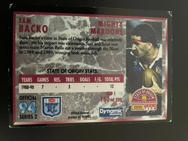 NRL 1994 S2 Dynamic Trading Card #160 Sam Backo Q1 Mighty Maroons $2.20 ...