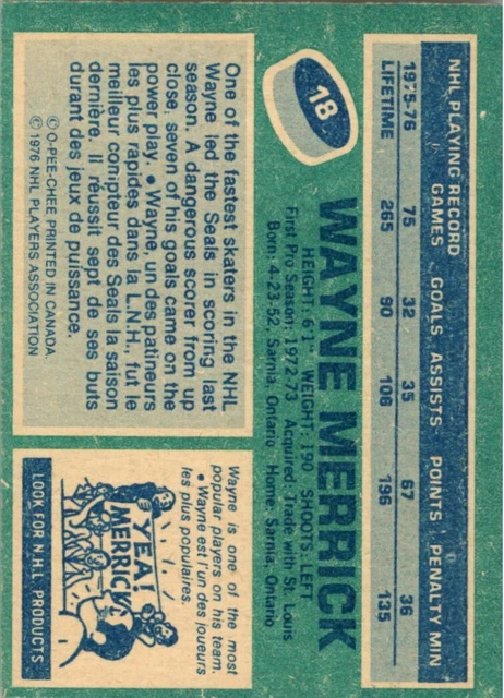 1976-77 O-PEE-CHEE HOCKEY #18 Wayne Merrick Cleveland Barons EUR 2,46 ...