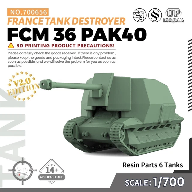 SSMODEL SS700656 1/700 Military Model Kit France FCM 36 PAK40 Tank ...
