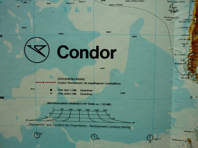 ALTE CONDOR / Lufthansa Airlines Streckenkarte/ Flugplan ca 1970 ...
