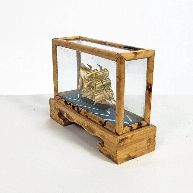 VINTAGE MINIATURE SHIP Model Diorama in Glass Box & Wood Display Case £ ...