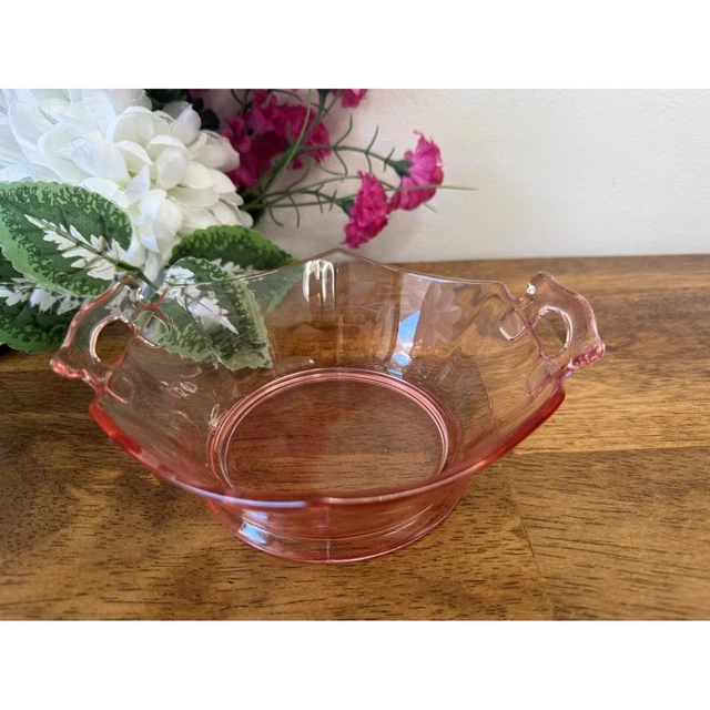 VINTAGE PINK DEPRESSION Glass Handled Dish Etched Floral Design Serving ...
