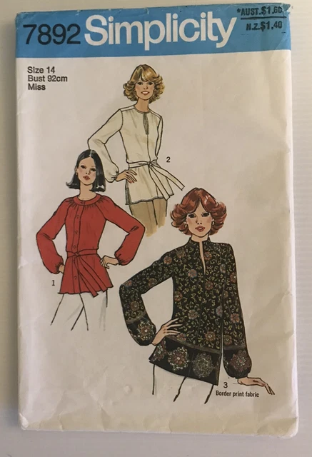 SIMPLICITY 7892 VINTAGE 70s Sewing Pattern Tops Boho Size: 14 EUR 11,72 ...
