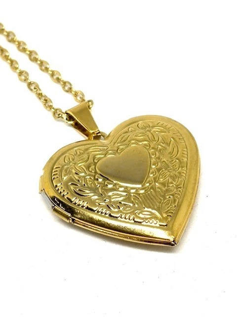 9K GOLD LOCKET Necklace Pendant and 20'' Chain Double Heart Large ...