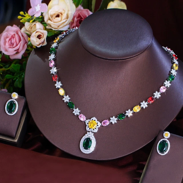 CUTE RAINBOW COLORFUL CZ Flower Oval Earring Necklace for Engagement ...