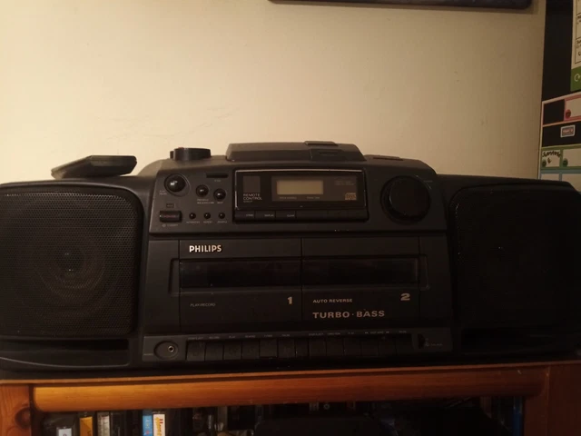 VINTAGE PHILIPS TURBO Bass Portable Radio Fm Cd Cassette Stereo Boombox ...