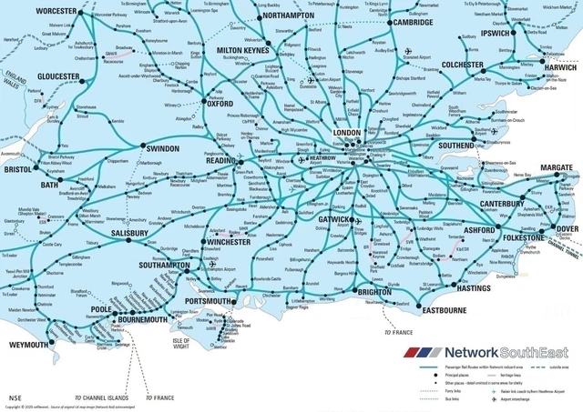 SOUTH EAST ENGLAND TRAIN MAP (NETWORK SOUTHEAST ROUTES) 2025 - Print ...