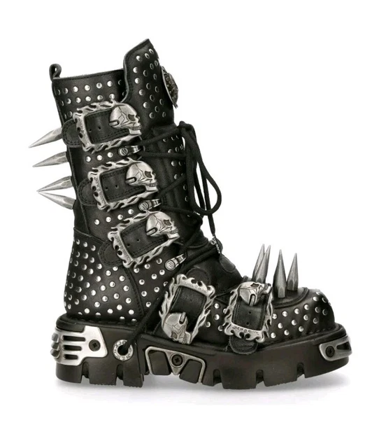 NEW ROCK BOOTS 1535-S1 Unisex Metallic Black Leather Goth Studded Spike ...