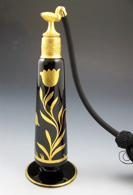 1920S ERA PYRAMID ART DECO 7" PERFUME BOTTLE BLACK FLOWER GOLD PLATED ...