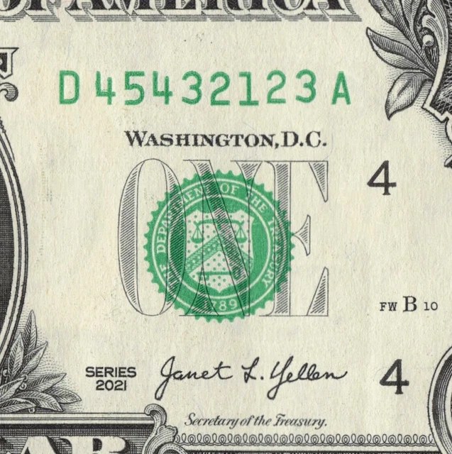 FIVE DIGIT LADDER Fancy Serial Number Dollar Bill D45432123A Wrap ...