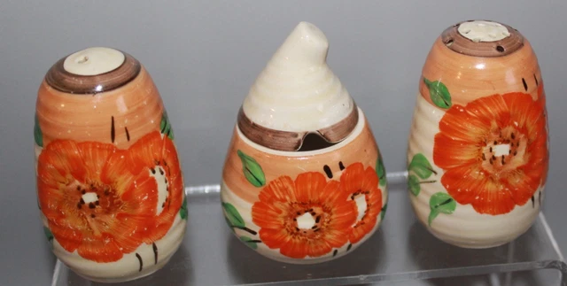 CLARICE CLIFF ORANGE SUNDEW 3 PIECE CRUET SET WILKINSON Ltd £33.00 ...