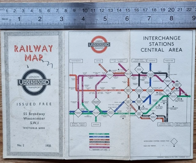 LONDON UNDERGROUND RAILWAY MAP No 2 1935 & INTERCHANGE STATIONS CENTRAL ...