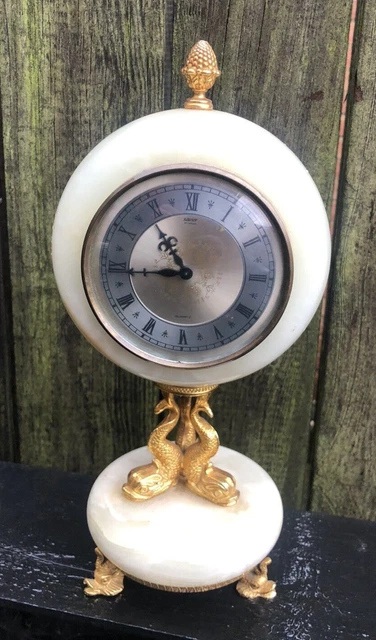 VINTAGE 1960/70'S MANTEL clock by Xavier Gilt metal onyx quartz dolphin ...