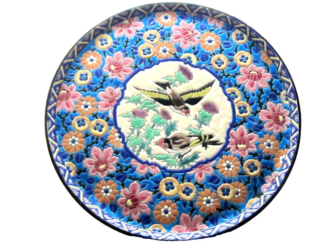 ANCIEN GRAND PLAT rond en émaux de LONGWY signé 36cm Décor d'oiseaux ...