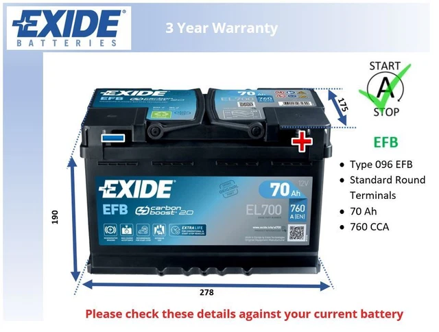 EFB CAR BATTERY EL700 Exide 096 EFB 720A 70Ah 3Yr WTY 278x175x190 Start ...