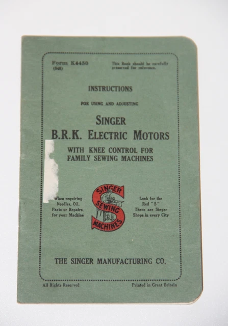 SINGER B.R.K. ELECTRIC Motors Instructions Sewing Machines Knee Control ...