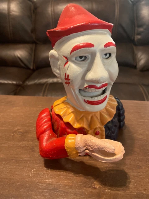 VINTAGE CAST IRON Humpty Dumpty Jester Clown Mechanical Coin Bank ...