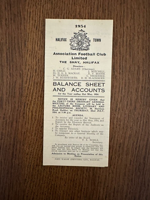 HALIFAX TOWN BALANCE Sheet & Accounts 1954 ( 36/5) £27.00 - PicClick UK