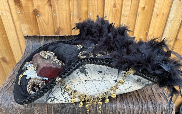 AWESOME BLACK GOLD Tricorn Pirate Hat Renaissance Feather Maps Treasure ...