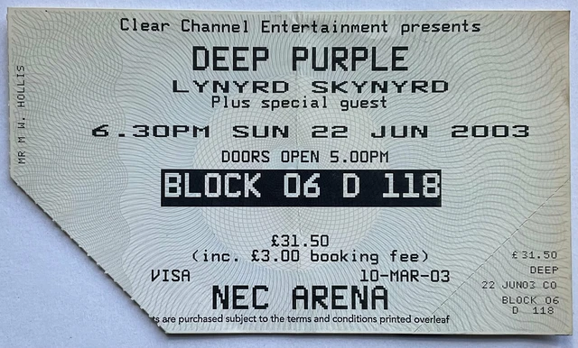 DEEP PURPLE LYNYRD Skynyrd Concert Ticket NEC Arena Birmingham 22nd Jun ...