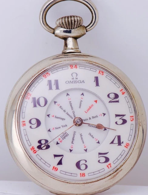RARE ANTIQUE OMEGA GMT WORLD Time Pocket Watch-Show the Time in 14 ...