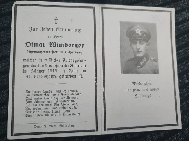 ORIGINAL GERMAN WW2 death Card Otmar Wimberger Polizei Fell Jan 1946 ...