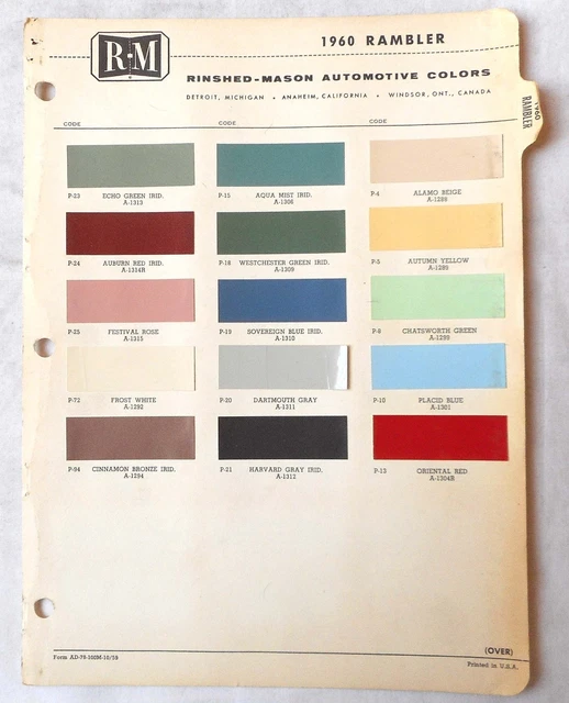 1960 RAMBLER ORIGINAL R-M Paint Color Chip Chart EUR 9,91 - PicClick DE