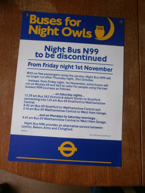 LONDON TRANSPORT BUS Stop Timetable Panel Poster-Route N99 Discontinued ...