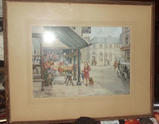 ORIGINAL WATERCOLOUR STREET scene dated and sign 1946 in lime oak frame ...